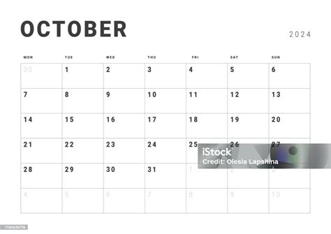 2024년 10월의 월간 페이지 캘린더 플래너 템플릿 인쇄를 위해 월요일부터 시작하는 주가 있는 간단한 달력의 벡터 레이아웃입니다 A4 또는 21x297 Cm 크기 페이지