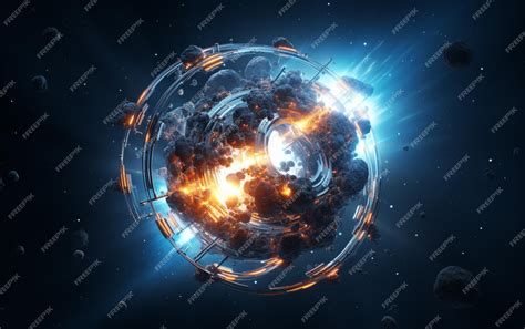 Premium Photo Glowing Spaceship Orbits Sphere In Deep Space