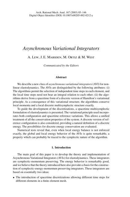 Asynchronous Variational Integrators Solid Mechanics Home Page