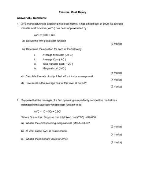 Exercises On Cost Theory Exercise Cost Theory Answer ALL Questions XYZ Manufacturing Is