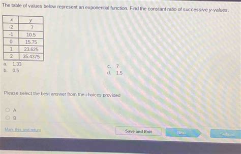 Solved The Table Of Values Below Represent An Exponential Function Find The Constant Ratio Of