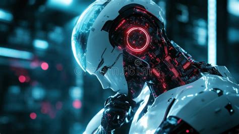 Futuristic Robotic Figure Displays Glowing Circuitry And Pondering Thoughtfully Stock