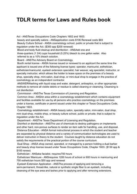 Tdlr Terms For Laws And Rules Book Newest 2025 2026 Actual Exam