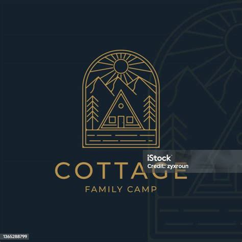 코티지 또는 캐빈 라인 아트 미니멀한 심플한 벡터 로고 일러스트 디자인 소나무 라인 아트 로고 컨셉 아이콘 미니멀한 심플 벡터 일러스트 디자인의 산숲에 오두막 건물 외관에