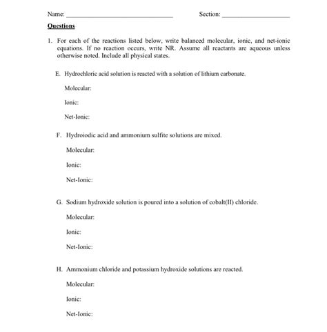 Solved Name Section Questions For Each Of The Reactions Chegg