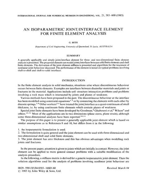 Numerical Meth Engineering April 1985 Bfer An Isoparametric Joint Interface Element For
