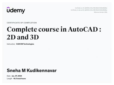 Certificate Of Completion Autocad 2d And 3d Sneha Mk
