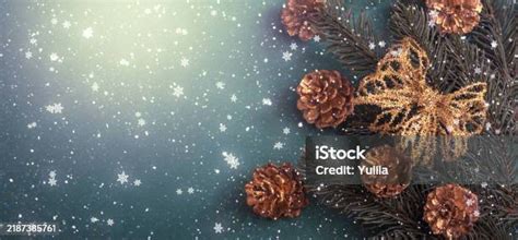 전나무 나무 가지 황금 활 및 장식을위한 원뿔과 크리스마스 배경 새해 겨울 휴가 컨셉 장식과 복사 공간 눈 덮인 최고 전망 배너 0명에 대한 스톡 사진 및 기타 이미지