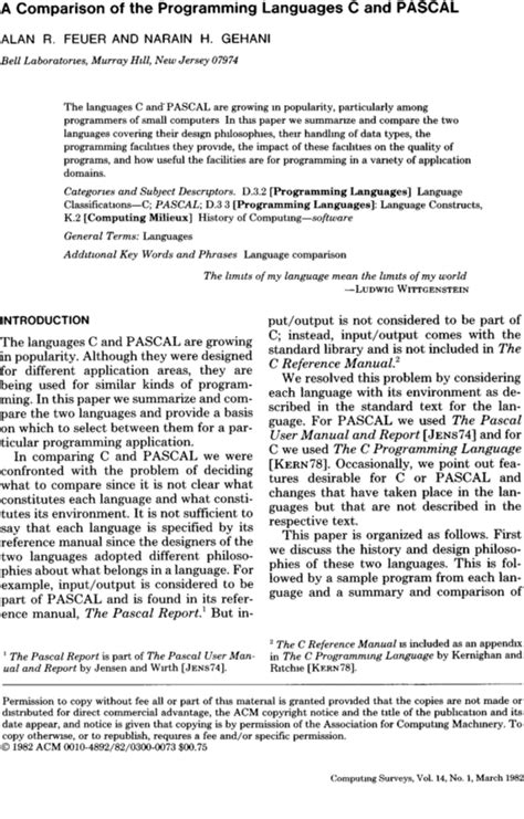 Comparison Of The Programming Languages C And Pascal Acm Computing