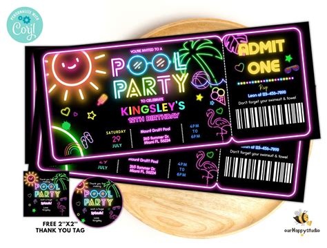 Editable Pool Party Ticket Invitation Glow Water Park Ticket Tropical Neon Birthday Pool Party