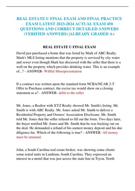 Real Estate U Final Exam And Final Practice Exam Latest Actual Exam 450