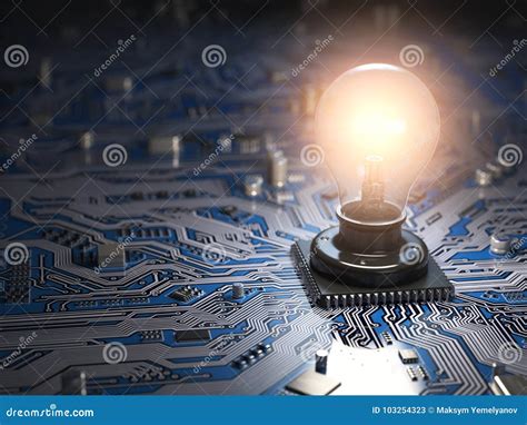 Glowing Light Bulb As CPU On Motherboard Circuit Board Idea Creativity Business Concept Stock