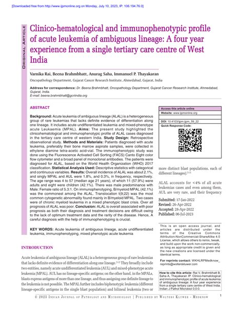 Pdf Clinico‑hematological And Immunophenotypic Profile Of Acute Leukemia Of Ambiguous Lineage