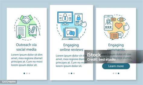 선형 개념으로 모바일 앱 페이지 화면을 온보딩하는 온라인 Pr Smm 디지털 마케팅 연습 단계 그래픽 지침 Ux Ui 그림이 있는 Gui 벡터 템플릿 3에 대한 스톡 벡터