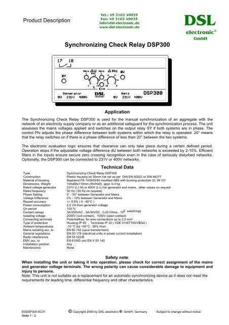 Synchronizing Check Relay Dsp300 Dsl Electronic ® Gmbh