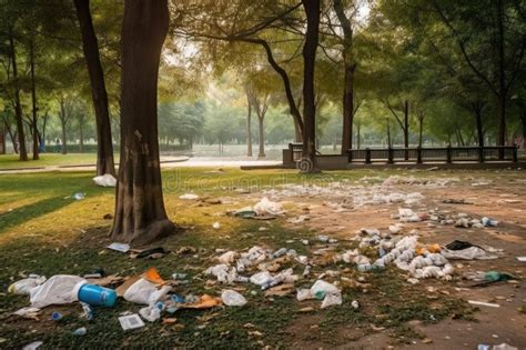 Littering And Urban Pollution In A Park With Trash Strewn Across The