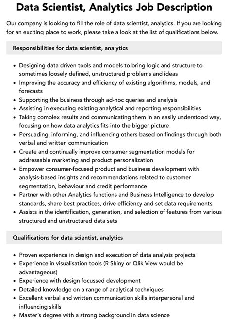 Data Scientist Analytics Job Description Velvet Jobs