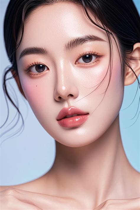 人物肖像摄影，美丽的护肤品模特，朦胧感，面部细节完美，人物细节精致，浅色的服装，人像特写，大光圈，细腻的光泽，背景是8k渐变半透明玻璃融化， 花瓣网