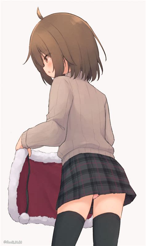 Centi Mnkt Original Highres 1girl O Ahoge Black Thighhighs Blush Brown Hair Capelet
