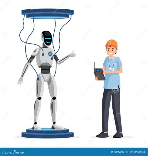 Robot Software Testing Flat Vector Illustration Cheerful Engineer In