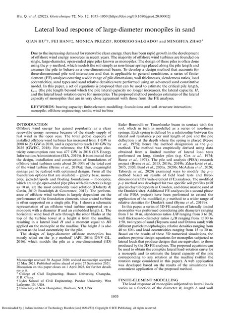 Hu Et Al 2022 Lateral Load Response Of Large Diameter Monopiles In Sand Pdf Deep