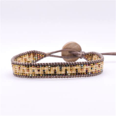 Single Wrap Leather Beaded Bracelet Glass Seed Metallic Iridescent