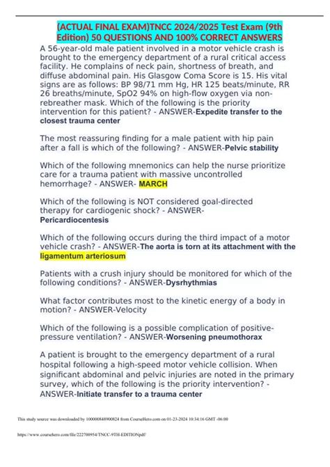 Actual Final Exam Tncc 2024 2025 Test Exam 9th Edition 50 Questions