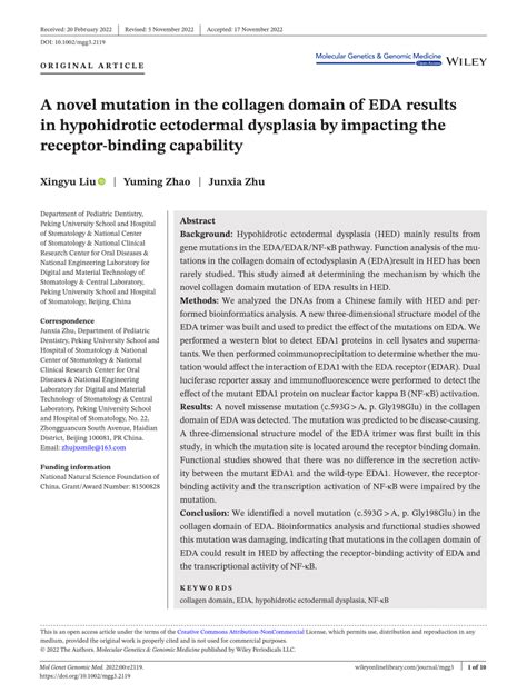 Pdf A Novel Mutation In The Collagen Domain Of Eda Results In Hypohidrotic Ectodermal