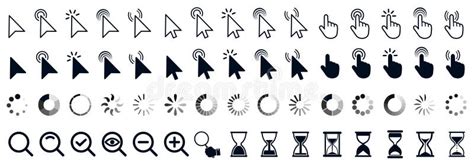 set of flat cursor icons in hand and arrow form mouse click cursor set