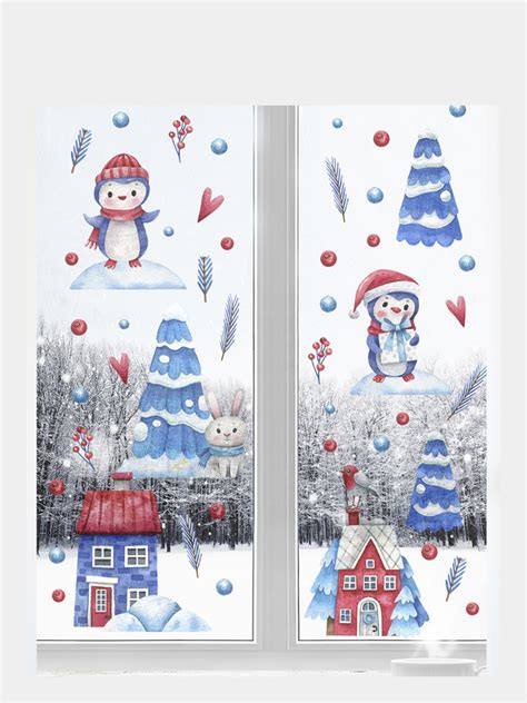 Интерьерные наклейки на окна и стены Зимний городок наклейки на окно на стену для декора