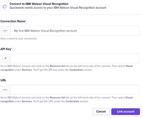 IBM Watson Visual Recognition Connecting Your Account Quickwork Support Center