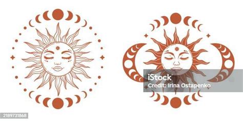 태양과 초승달 벡터 실루엣 디자인의 집합입니다 달의 위상의 벡터 일러스트 레이 션 세트입니다 얼굴과 Boho 태양 라인 아트