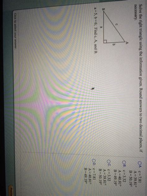 solved solve the right triangle using the information given
