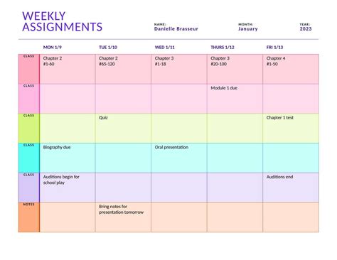 Weekly Assignment Sheet Color Landscape Template In Word Docx File