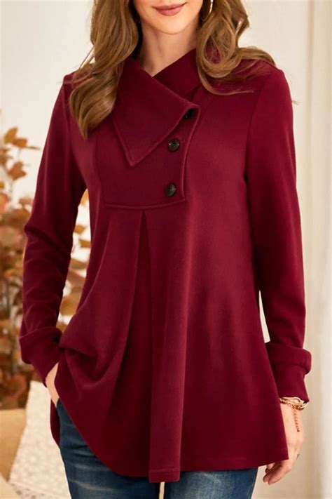 Solid Color Collared Buttons Long Sleeves Trendy Tops Curvedream