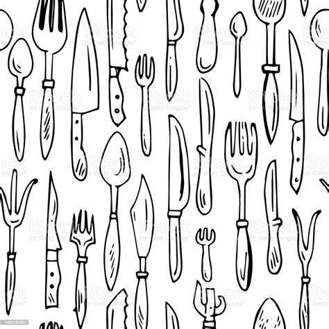 포크와 숟가락 원활한 패턴 음식과 준비를위한 칼 붙이 및 주방 용품 세트 손으로 그린 스케치를 윤곽선으로 그립니다 잉크로 그리기 흰색 배경에 고립되어 있습니다 벡터 강철에