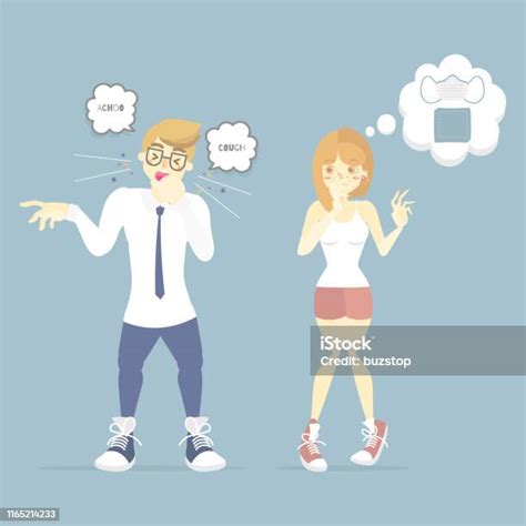의료 용 보호 마스크 결핵 전염병 전염병 건강 관리 개념에 대해 생각하는 여성과 함께 재채기를 하는 남자 감기와 독감에 대한 스톡 벡터 아트 및 기타 이미지 Istock