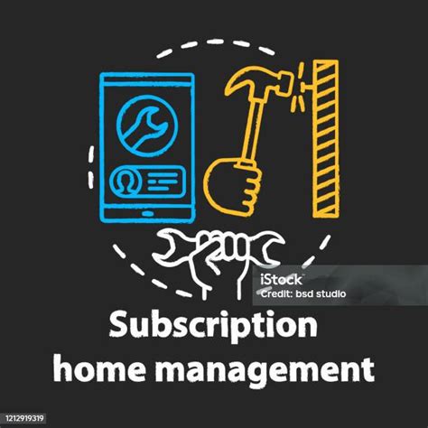 구독 홈 관리 분필 개념 아이콘입니다 건설 도구 쇼핑 아이디어 주거 수리 수리원 전화 서비스 스마트 폰 스패너 및 해머 벡터 고립 칠판 그림 개념에 대한 스톡 벡터 아트 및