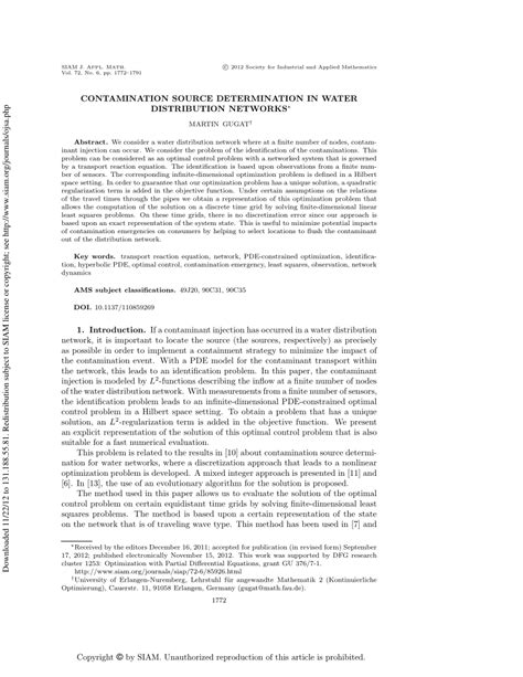 Pdf Contamination Source Determination In Water Distribution Networks