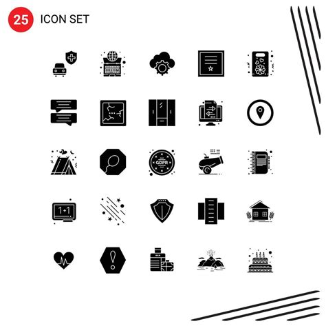 Set Of 25 Vector Solid Glyphs On Grid For Stamp Post Cloud Insignia