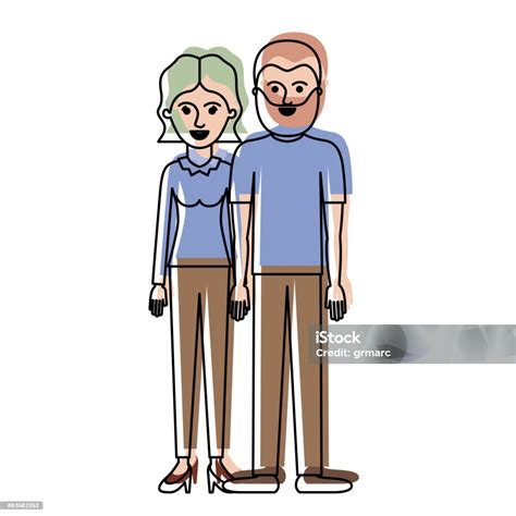 T셔츠 및 바지와 짧은 머리 및 수염을 가진 신발 긴 소매 블라우스와 바지 짧은 곱슬 머리와 발뒤꿈치 구두와 그 수채화 실루엣와 그녀의 커플 2명에 대한 스톡 벡터 아트 및