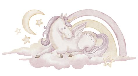 구름에 유니콘 와 별 와 Rainbow 수채화 Illustration 아기 인사말 카드 또는 어린아이 생일 초대장에 대 한 뿔과 날개를 가진 귀여운 작은 말의 그림 소녀를
