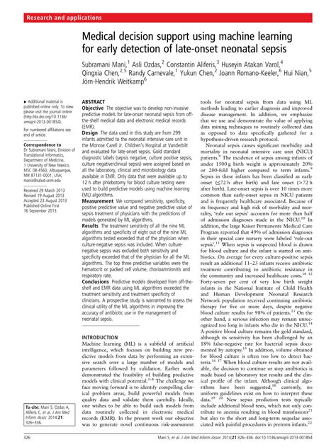 Pdf Medical Decision Support Using Machine Learning For Early Detection Of Late Onset Neonatal