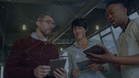 Animation Of Network Of Connections Over Diverse Colleagues Discussing Over Digital Tablet At