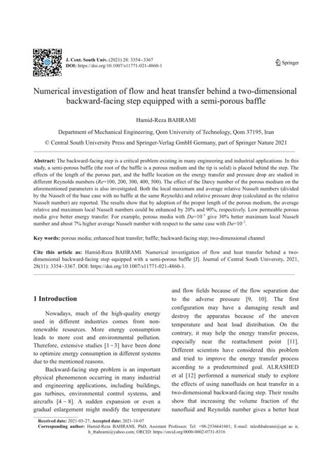 pdf numerical investigation of flow and heat transfer behind a two