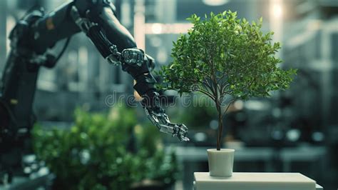 Automated Manipulator Hand Taking Care Of Green Tree Stock Illustration