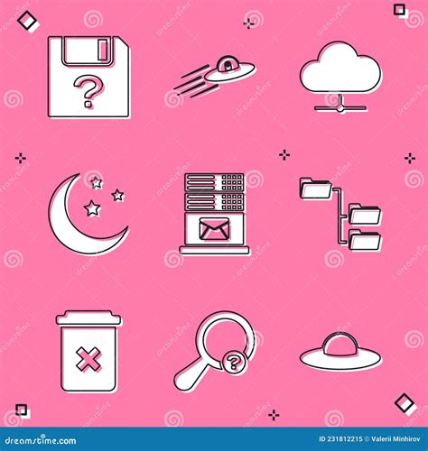 Set Unknown Document Ufo Flying Spaceship And Alien Network Cloud Connection Moon Stars Mail