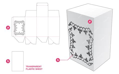 투명 플라스틱 시트 다이 컷 템플릿이 있는 상자 및 스텐실 꽃 프리미엄 벡터