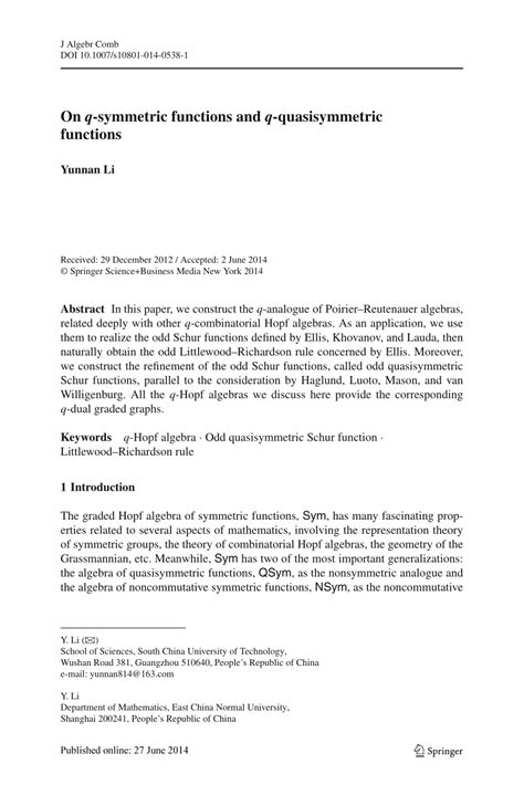 Pdf On Q Symmetric Functions And Q Quasisymmetric Functions