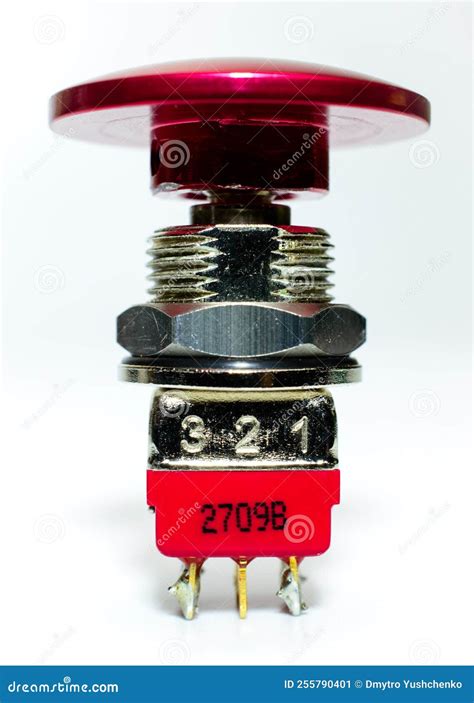 Macro Photo Of An Emergency Stop Button From Remote Controller For A Ship S Crane Isolated On